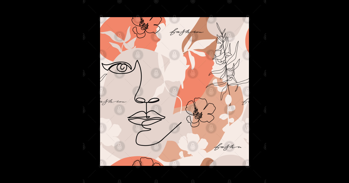 Terracotta Background One Line Continuous Woman Face Flowers Leaves
