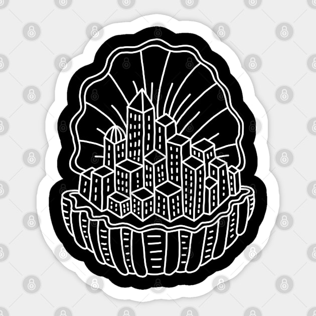 Cityscape in a Seashell - White Outline - Cityscape - Sticker | TeePublic