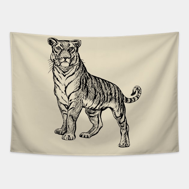 Tiger Line Art Graphite Pencil Drawing - Tiger Drawing - Tapestry ...