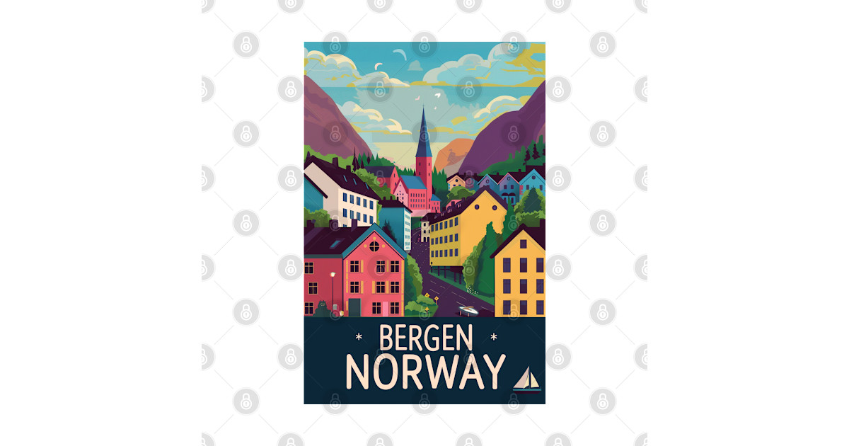 A Vintage Travel Illustration of Bergen - Norway - Bergen - T-Shirt ...