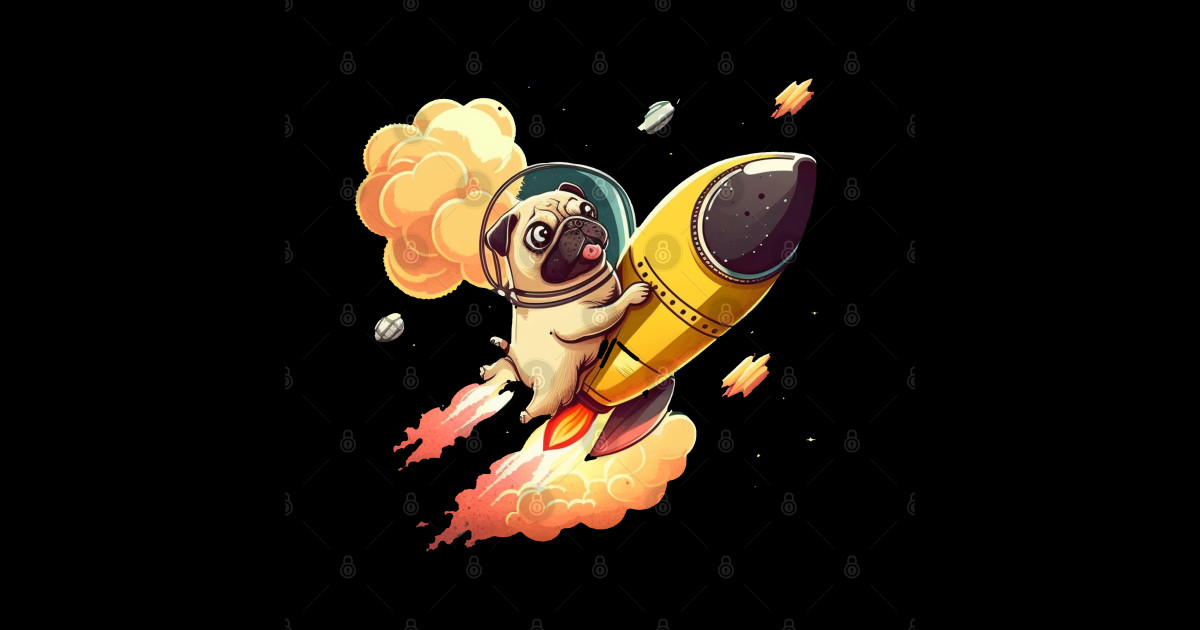 pug flying into space with a rocket - Pug - Sticker | TeePublic