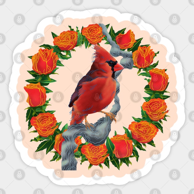 Northern Cardinal Bird on Red Roses - Northern Cardinal - Sticker ...