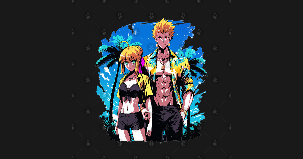gilgamesh x saber - beach outfit - Fate Zero - T-Shirt | TeePublic