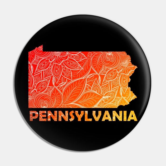 Colorful mandala art map of Pennsylvania with text in red and orange ...