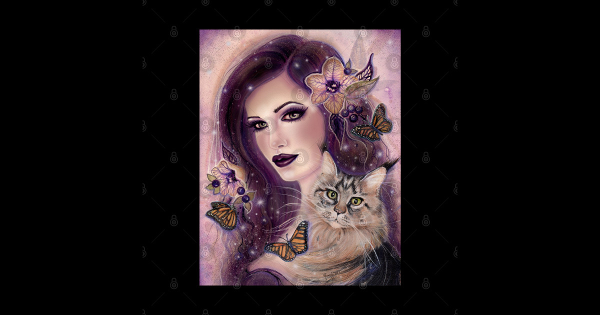 Henbania woman with cat art by Renee Lavoie - Maine Coon Cat - Sticker ...