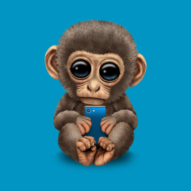 Cute Baby Monkey Holding a Blue Cell Phone - Baby Monkey - T-Shirt ...