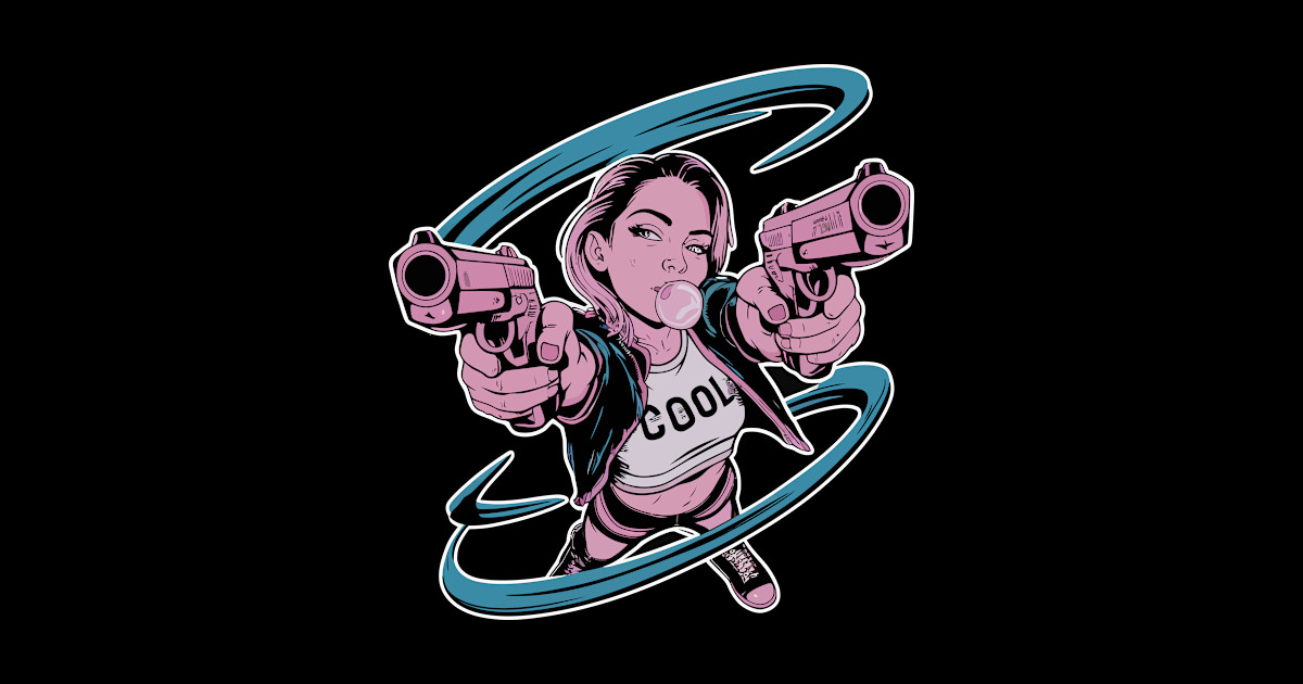 Badass Girl Blowing Bubble With Guns Pointed Up - Guns - Sticker ...