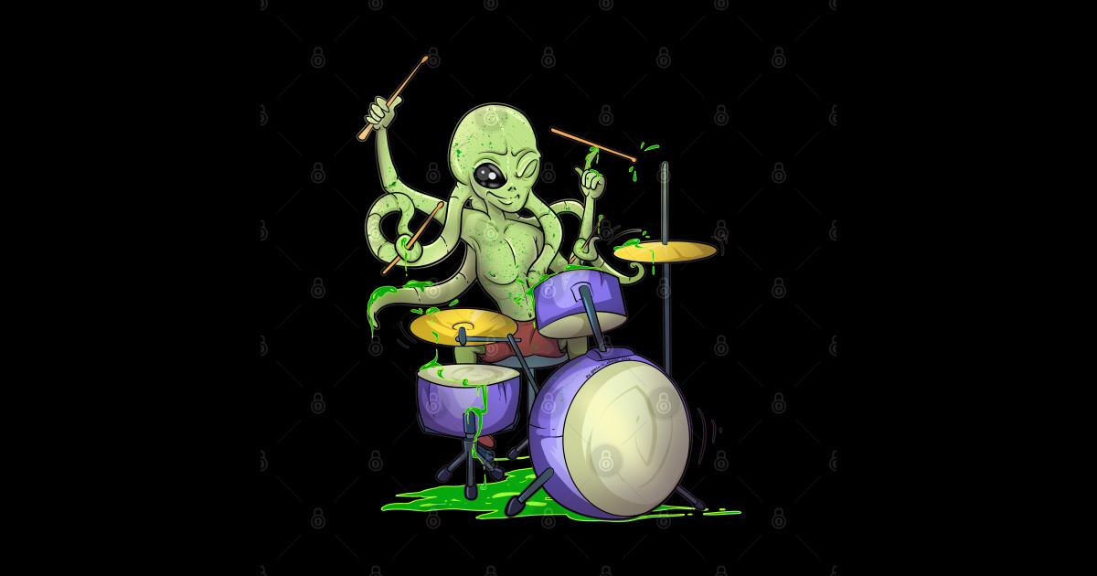 Drum Playing Squid Alien - Drummer - Sticker | TeePublic