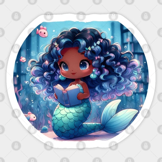 Cute Mermaid Cartoon Reading Under the Sea - Cute - Sticker | TeePublic