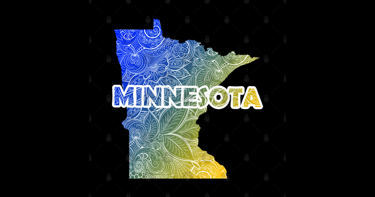 Colorful mandala art map of Minnesota with text in blue and yellow ...