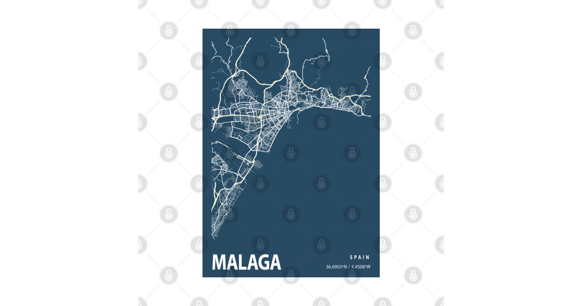 Malaga Blueprint Street Map, Malaga Colour Map Prints - Malaga ...