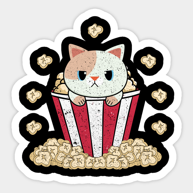 Retro Popcorn Cute Cat - Cat - Sticker | TeePublic
