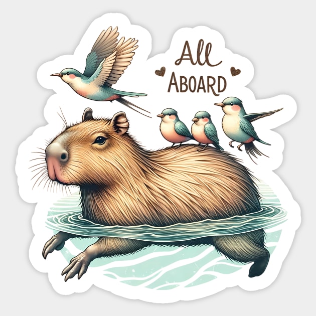 All Aboard Capybara Swimming with Birds - Capybara - Sticker | TeePublic