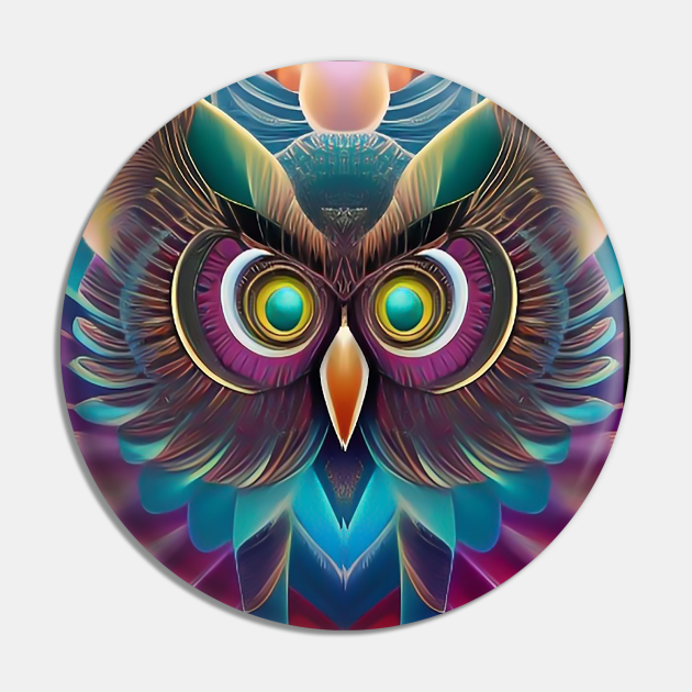 Trippy stunning animal art of a colorful cute owl - Owl - Pin | TeePublic
