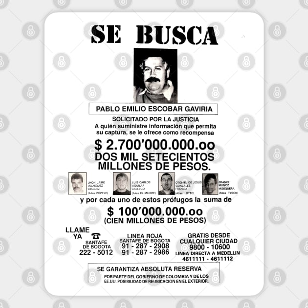 Pablo Escobar - Se Busca Wanted Poster - Pablo Escobar - Sticker ...