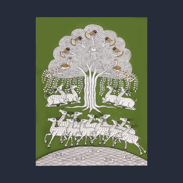Tree of life ( Green and Gold) indian folk art print in phad style ...