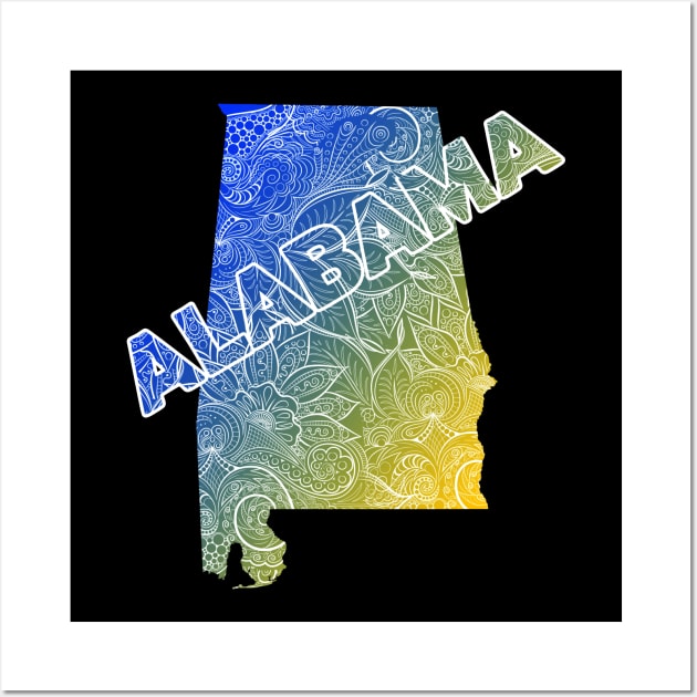 Colorful mandala art map of Alabama with text in blue and yellow ...