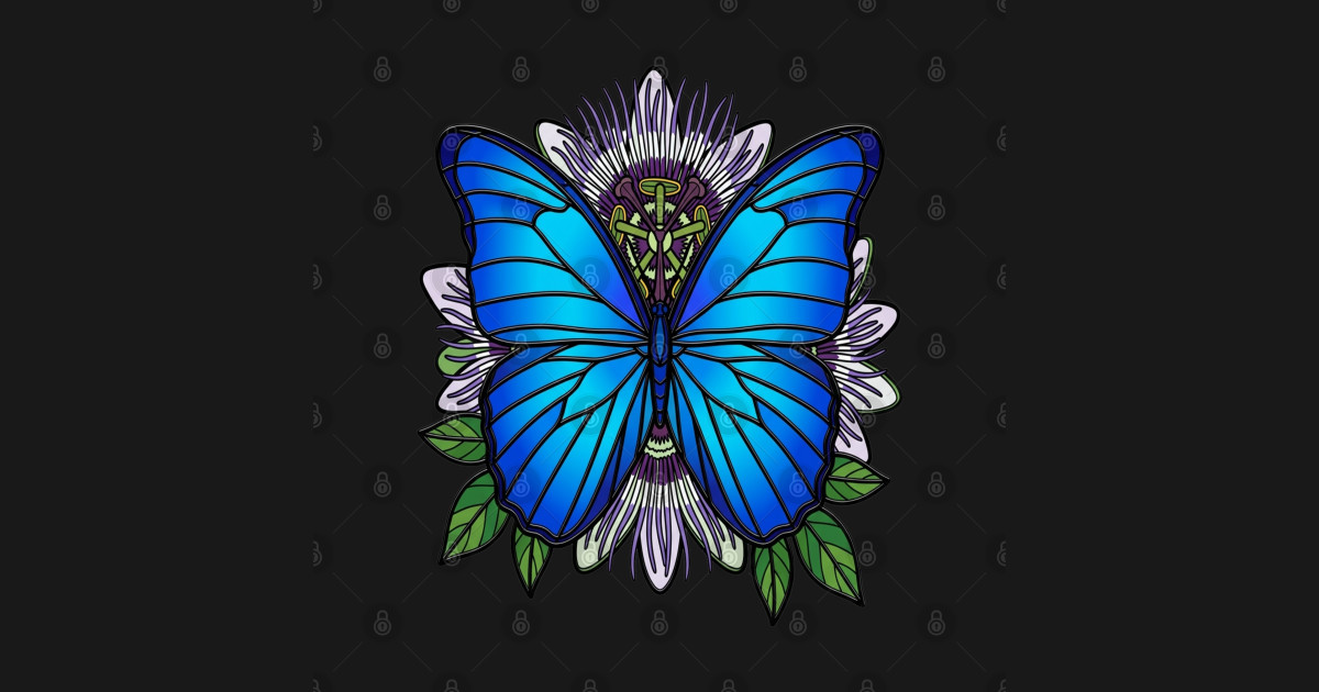Blue Morpho Butterfly Passionflower Art - Blue Morpho - T-Shirt | TeePublic
