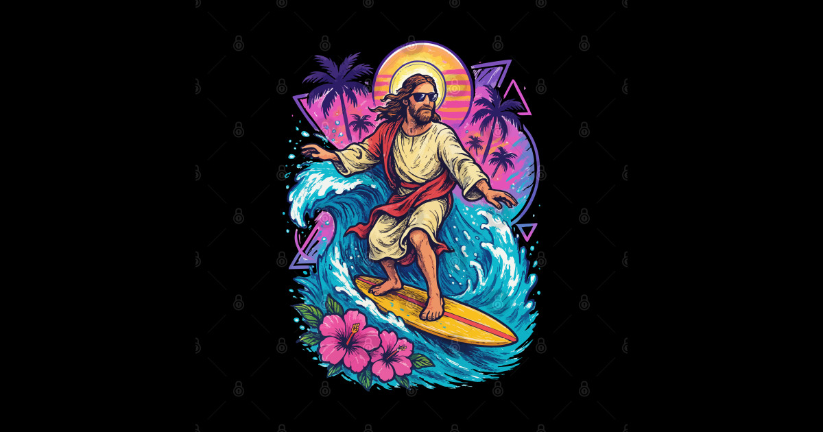 Jesus Christ Surfer Wave Summer Retro - Jesus - Sticker | TeePublic
