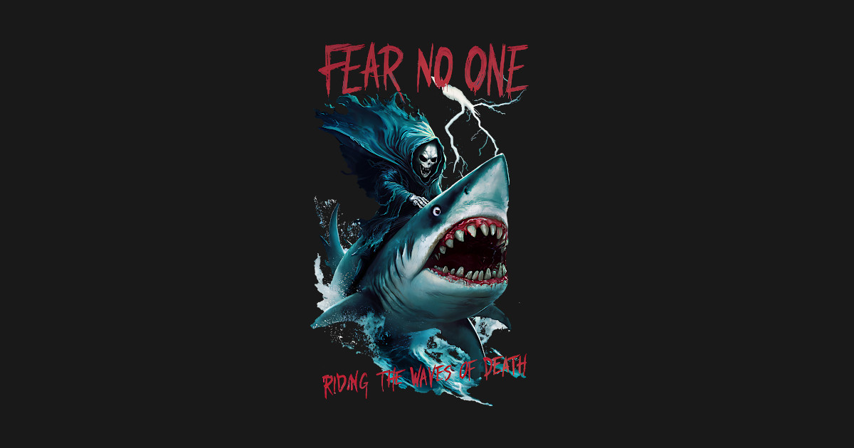 Fear No One Design: Grim Reaper Riding a Shark with Dark Ocean Waves ...