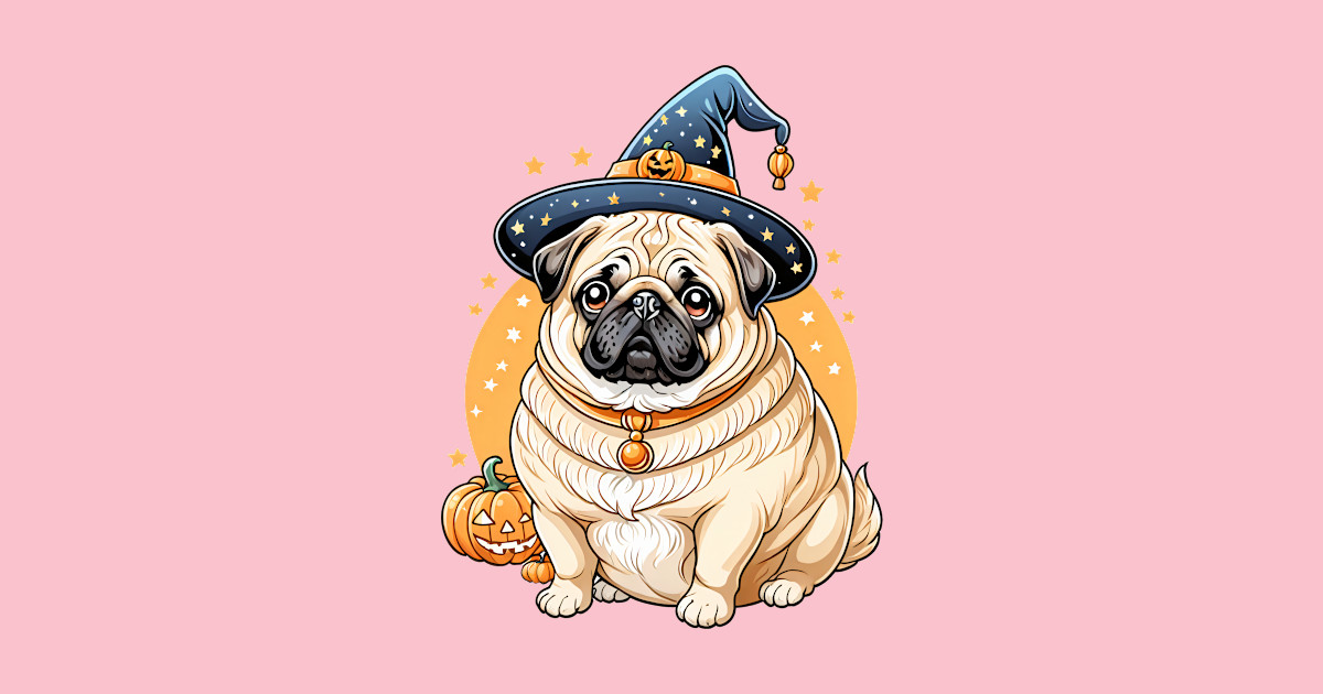 "Chubby Pug in Witch Hat Halloween Art Series Adorable Fat Dogs with ...