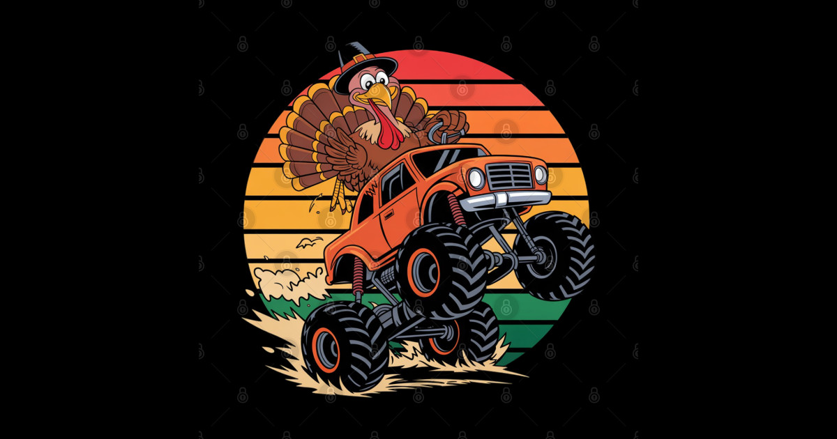 Monster Truck Turkey Sunset Retro Thanksgiving Boys Kids - Monster ...