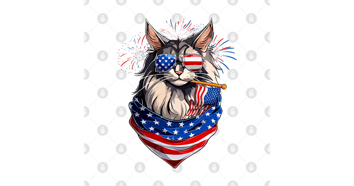 Funny Meowica Maine Coon Cat Lover Fan USA Flag 4th Of July - 4th Of ...