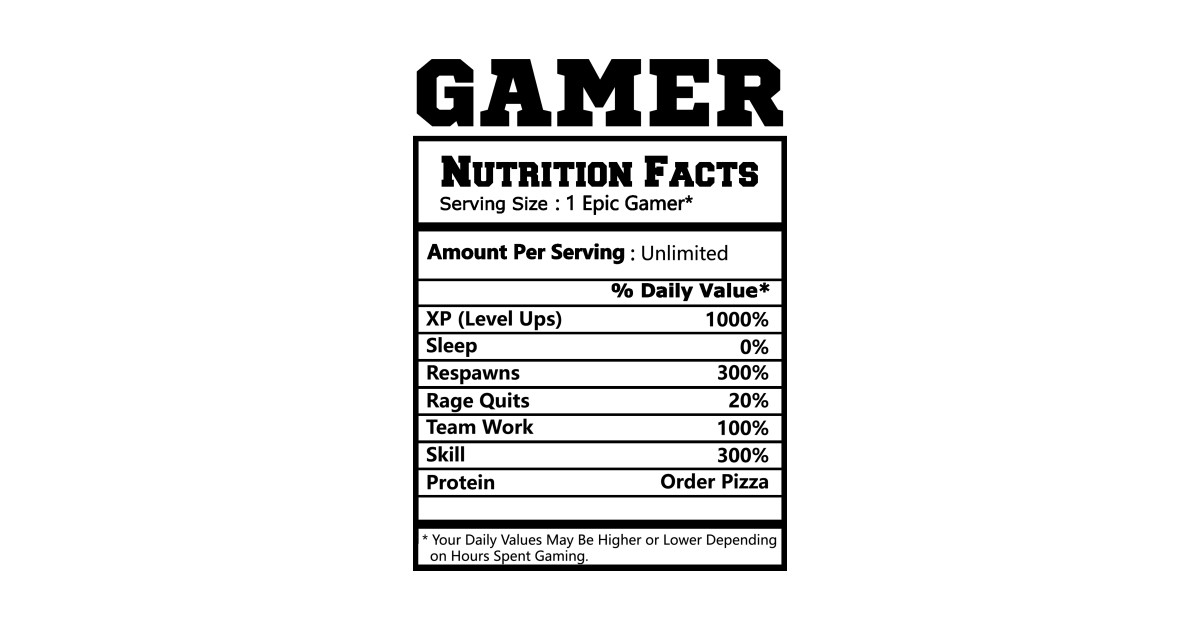 Gamer Nutritional Facts - Cool Gamer Video Game Funny - Gamer Nutrition ...