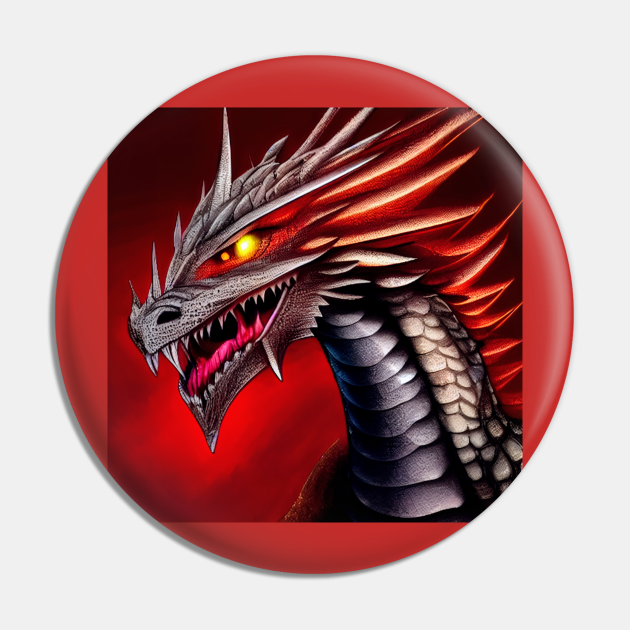 Silver Metallic Dragon with Yellow Glowing Eyes - Dragon - Pin | TeePublic