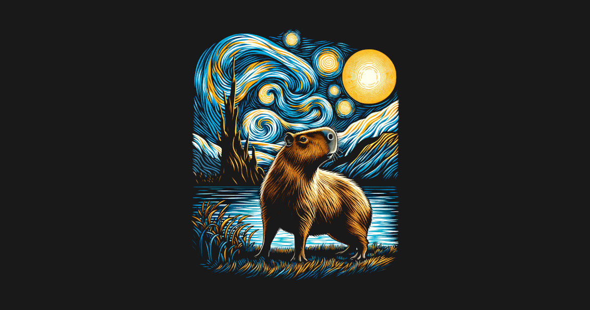 Lovely Capybara Starry Night Cartoon Vintage Art Animal Pet - Capybara ...