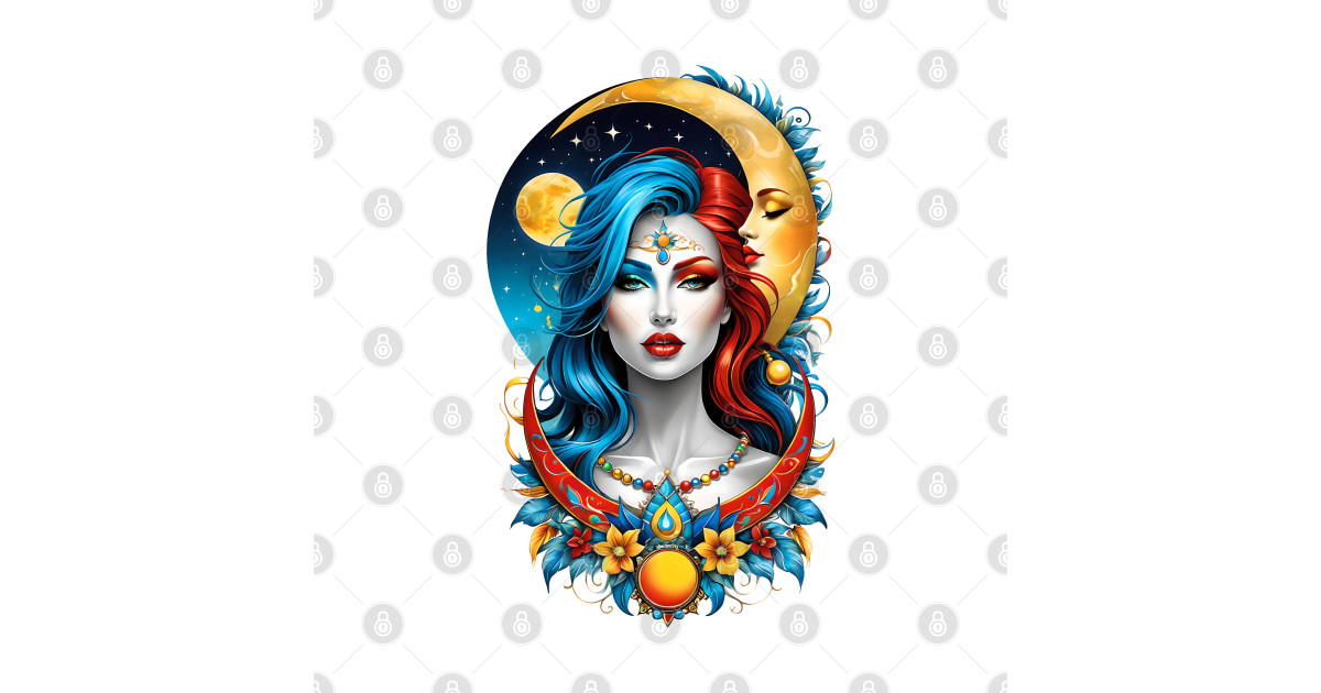 Celestial Harmony: Woman in Sun and Moon Fusion - Moon Fusion - T-Shirt ...