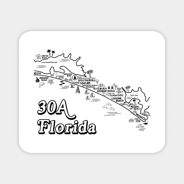 30A Florida Map Art - 30a - Magnet | TeePublic
