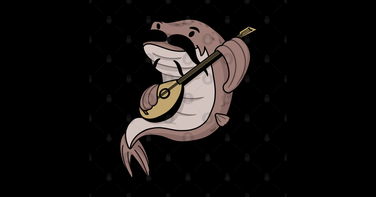 Catfish playing lute cartoon - Catfish - Sticker | TeePublic