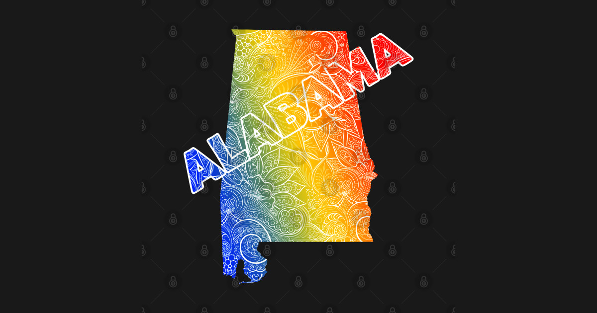Colorful mandala art map of Alabama with text in blue, yellow, and red ...