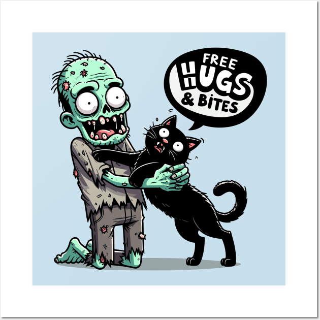 Free Hugs and bites - Zombie hugging black cat - Zombie Puns - Posters ...