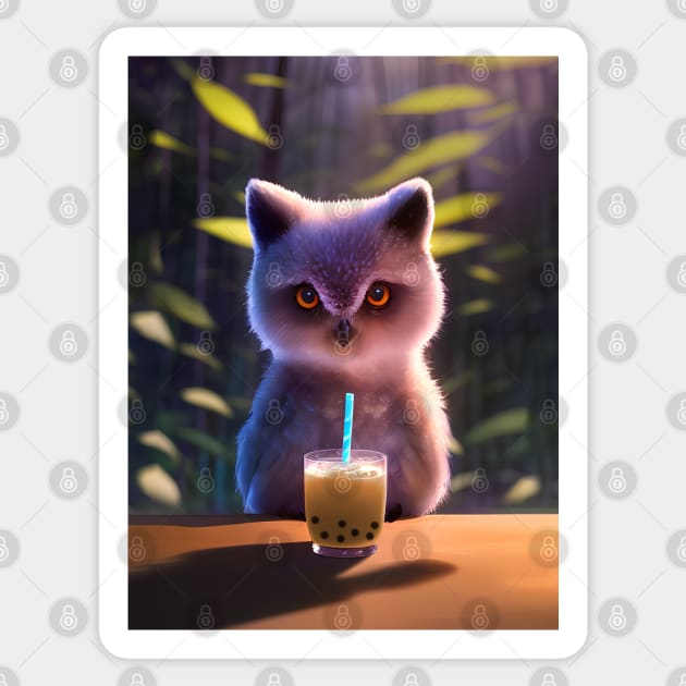 Baby Owl with boba bubble tea - Boba - Sticker | TeePublic