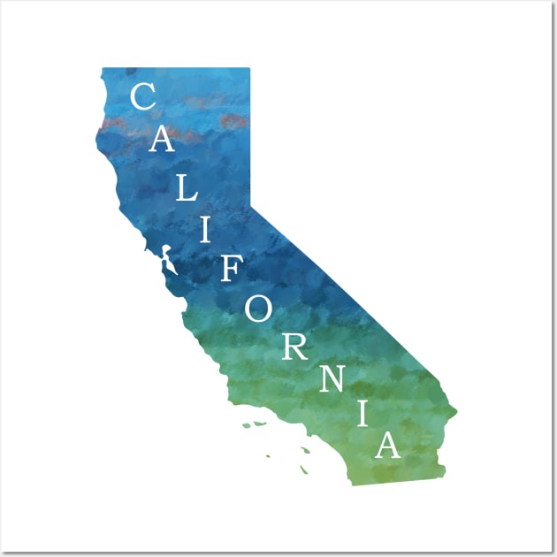 California Sate Map with Pacific ocean blue and green watercolors waves ...
