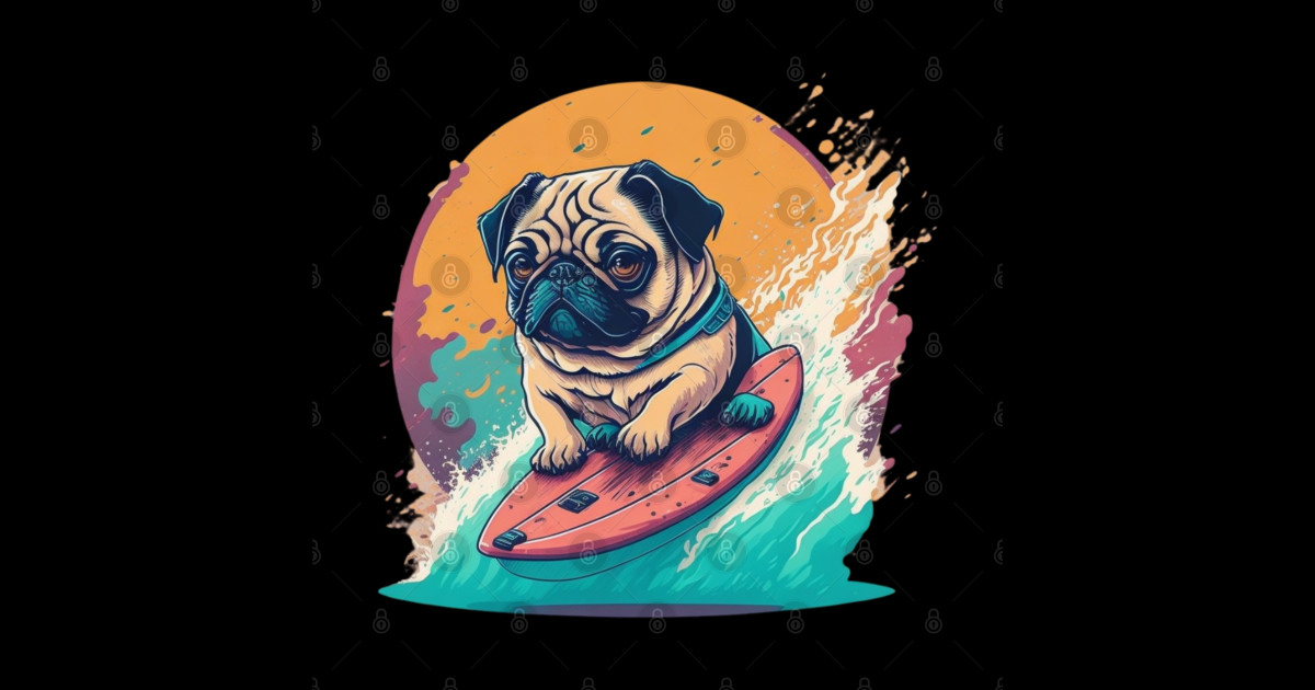 Pug surfer - Surfer Pug - Sticker | TeePublic