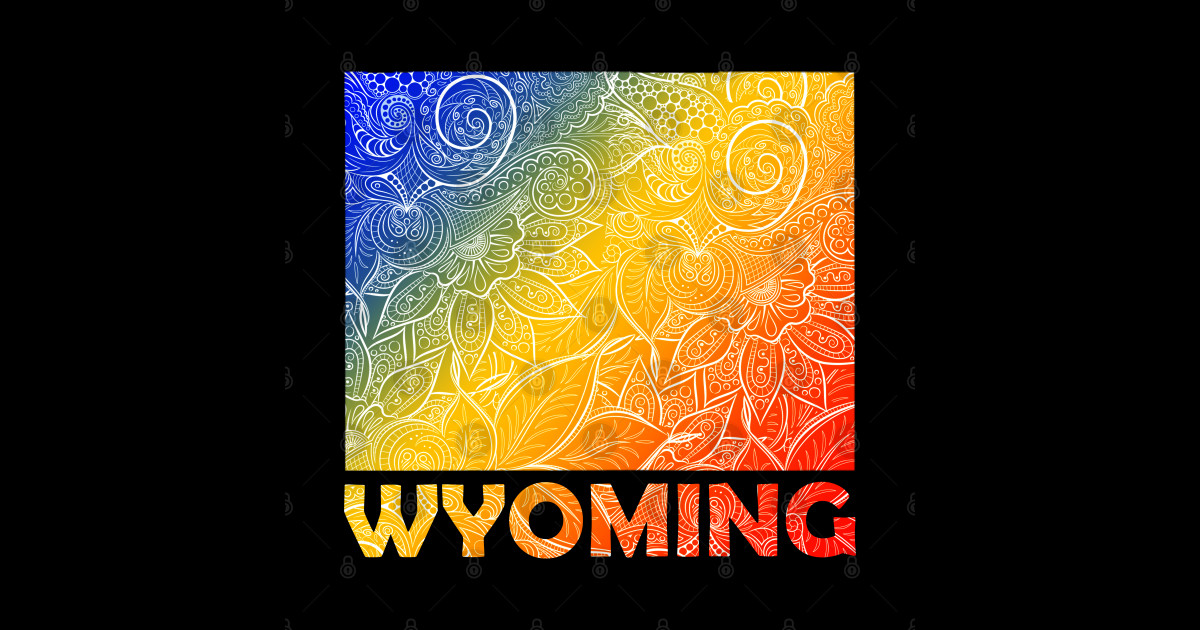 Colorful mandala art map of Wyoming with text in blue, yellow, and red ...