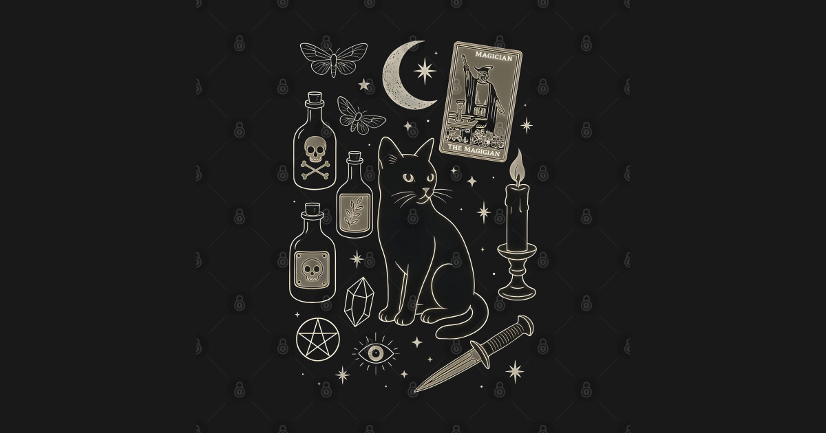 Occult Familiar in Line Art Arcane Collage - Witchy Black Cat ...