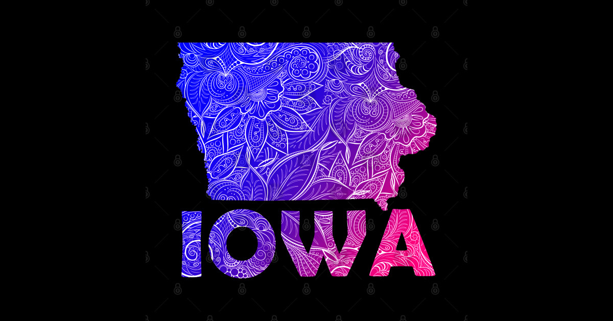 Colorful mandala art map of Iowa with text in blue and violet - Iowa ...