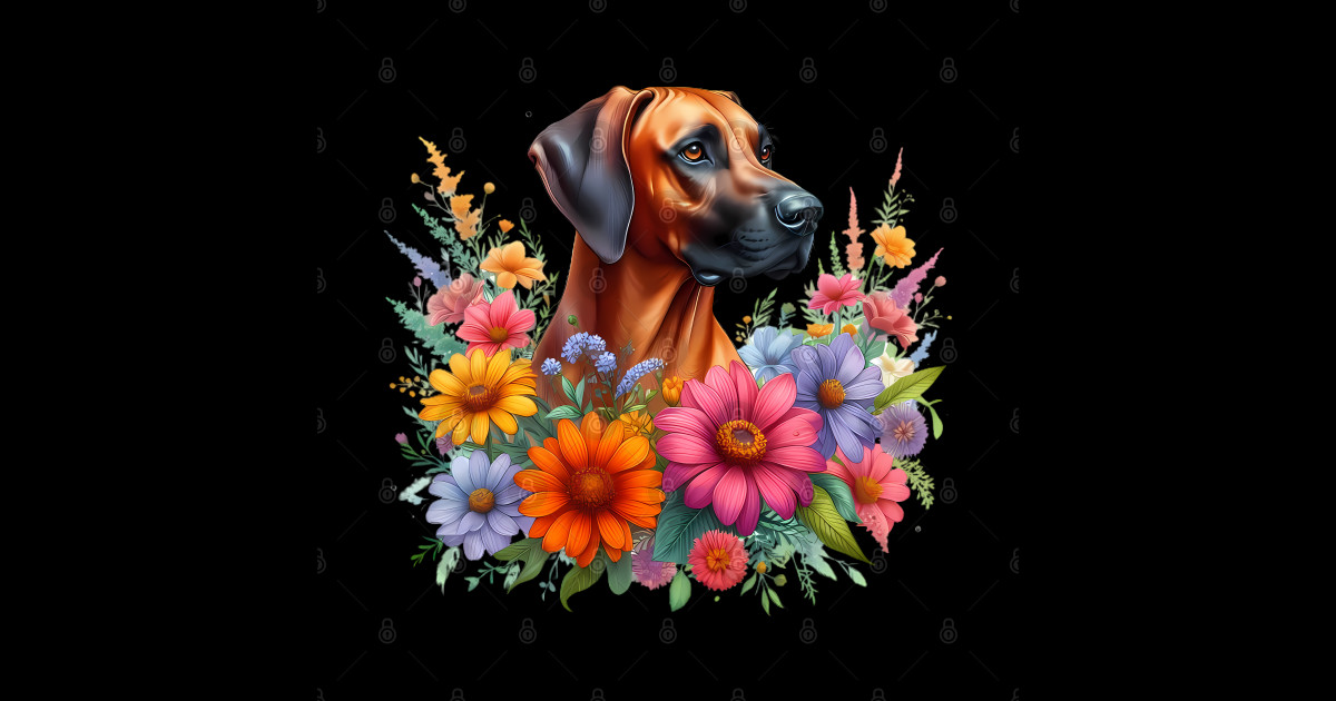An Rhodesian Ridgeback decorated with beautiful colorful flowers ...