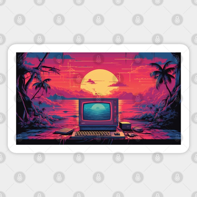 Retro Futuristic Computer Synthwave Sun - Synthwave Arcade - Sticker ...