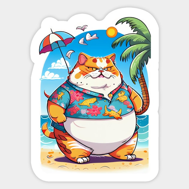 Uncle Cat in Beach - Cat - Sticker | TeePublic