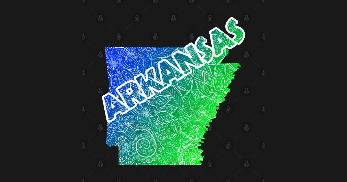 Colorful mandala art map of Arkansas with text in blue and green ...