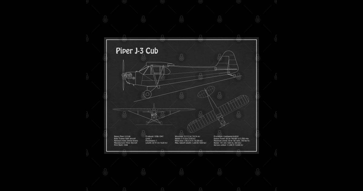 Piper J-3 Cub - Airplane Blueprint - PD - Piper - Sticker | TeePublic