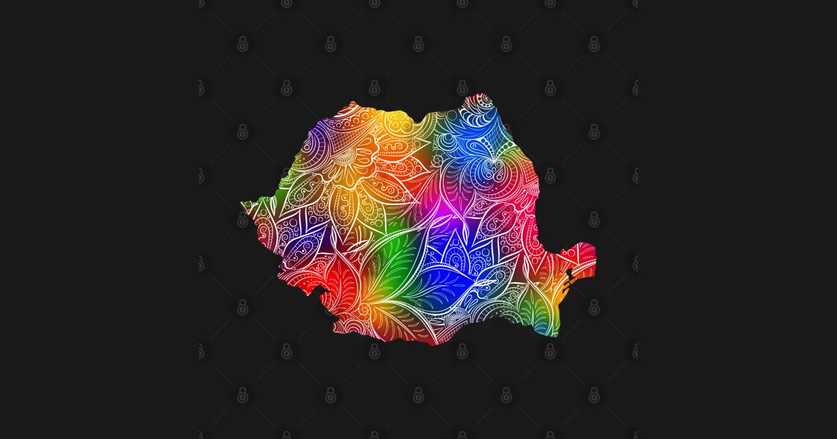 Colorful mandala art map of Romania with text in multicolor pattern ...