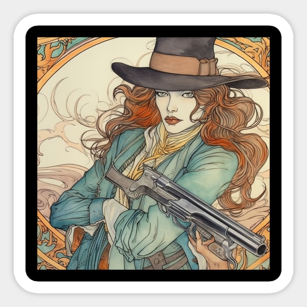 Gunslinger drawing - Art Nouveau - Sticker | TeePublic