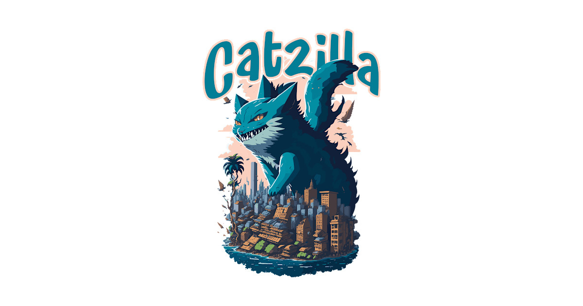 Catzilla Unleashed Funny Cartoon-Style Feline - Catzilla Cat - T-Shirt ...