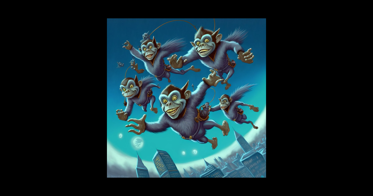 Flying monkeys dressed in blue and soaring over the city. - Flying ...
